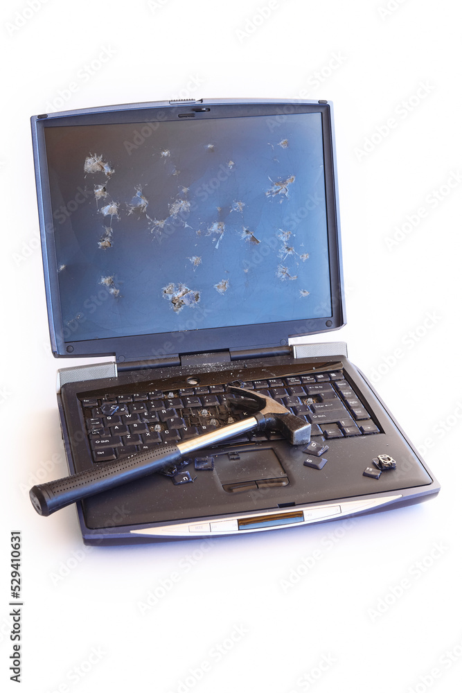 Broken screen laptop and hammer isolated on white. Workaholic Stock ...