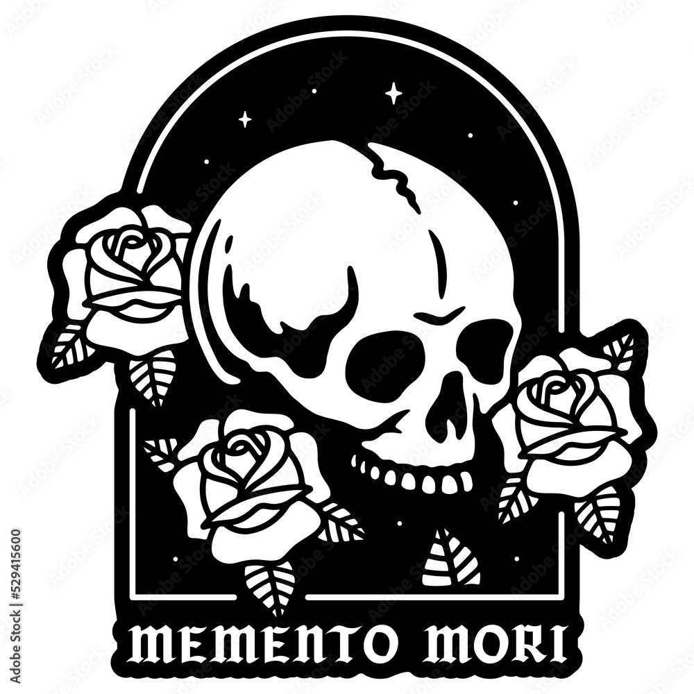 SKULL WITH ROSES MEMENTO MORI WHITE BLACK BADGE Stock Illustration ...