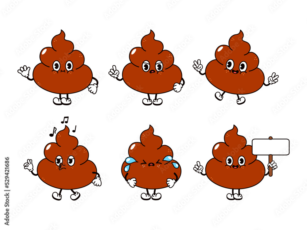 Funny cute poop characters bundle set. Vector hand drawn doodle style ...