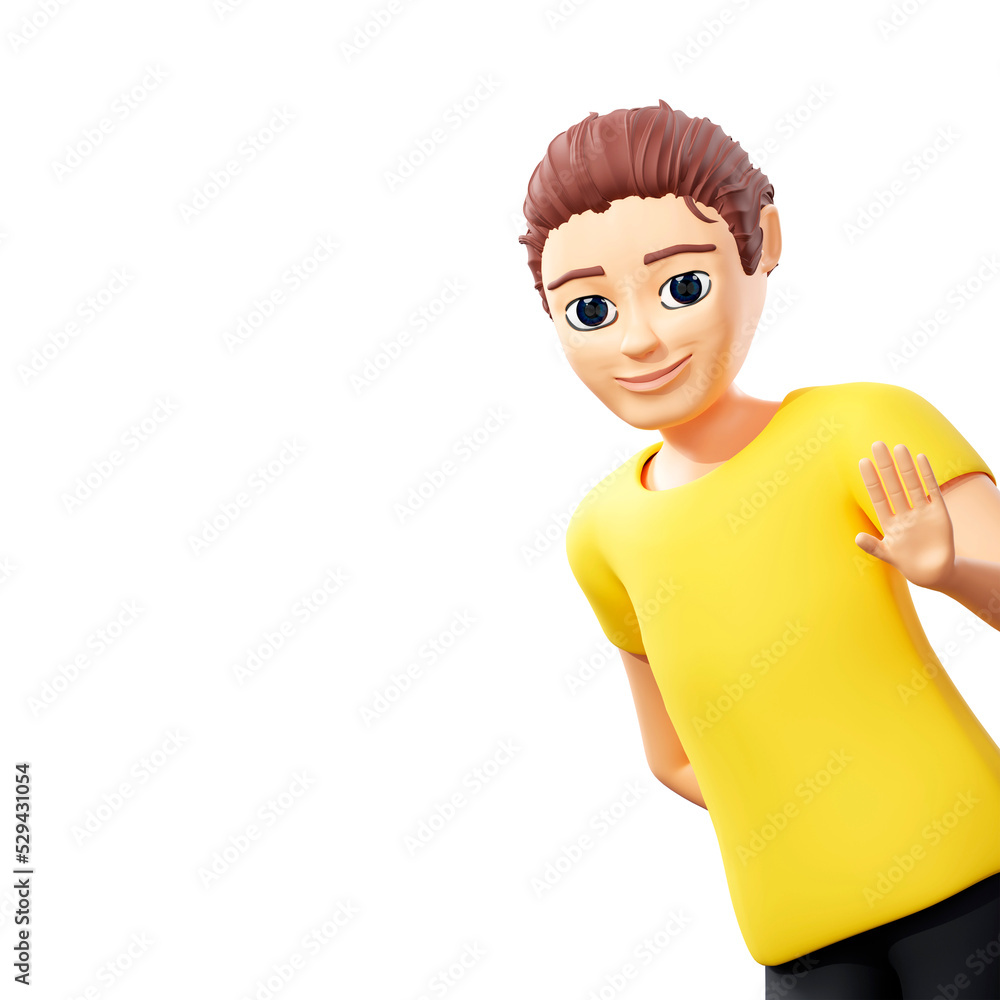 Raster illustration of man greet the audience. Young guy in a yellow ...