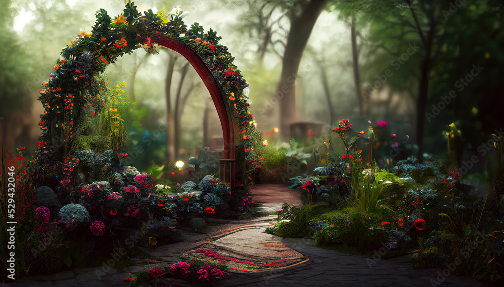 Magical fairytale garden with flower arch as fantasy illustration Stock ...