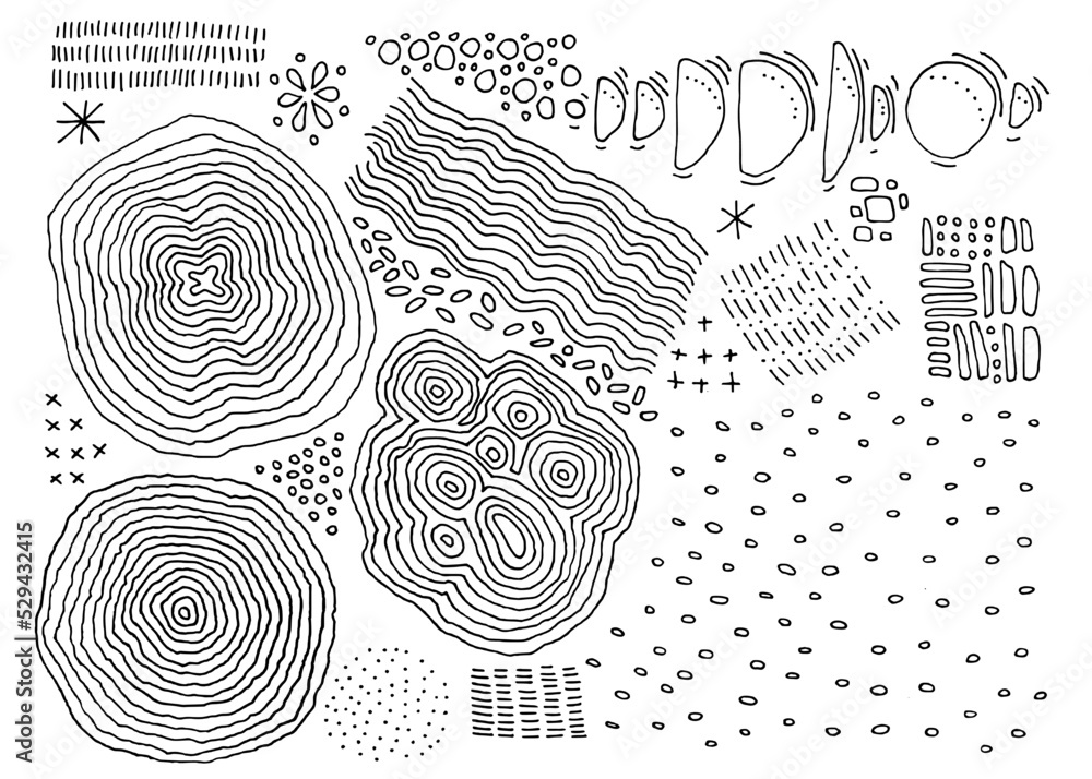 Vector set of thin line hand drawn textures. Lines, concentric circles ...