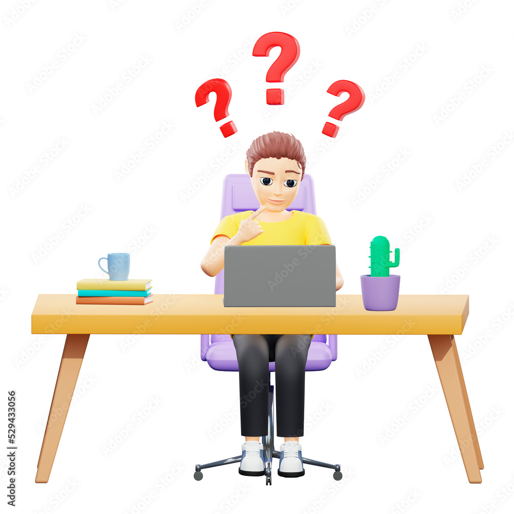 Raster illustration of man thinking of the computer with question marks ...