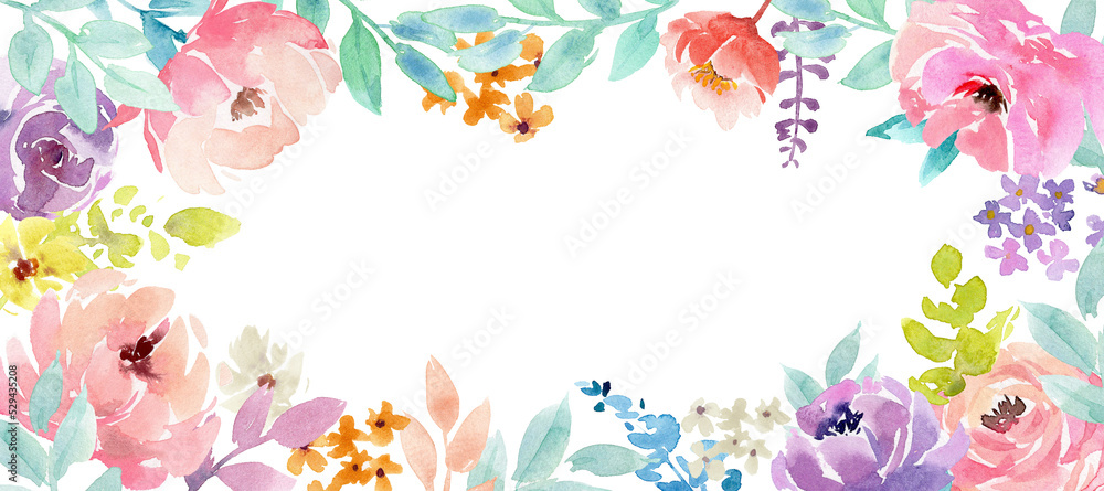 Watercolor horizontal banner with the bright rose flowers in Boho style ...