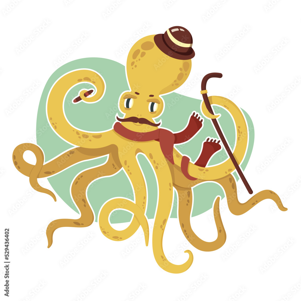 Cartoon style octopus character vector illustration. Octopus gentleman ...