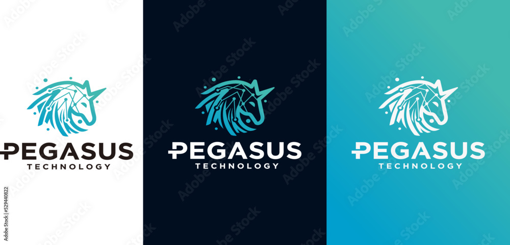 Pegasus technology horse logo icon design template. Pegasus technology logo in blue gradient ...