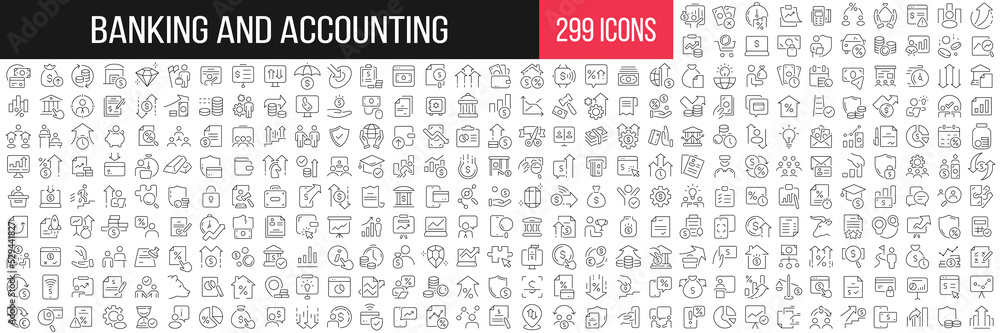 Banking and accounting linear icons collection. Big set of 299 thin ...