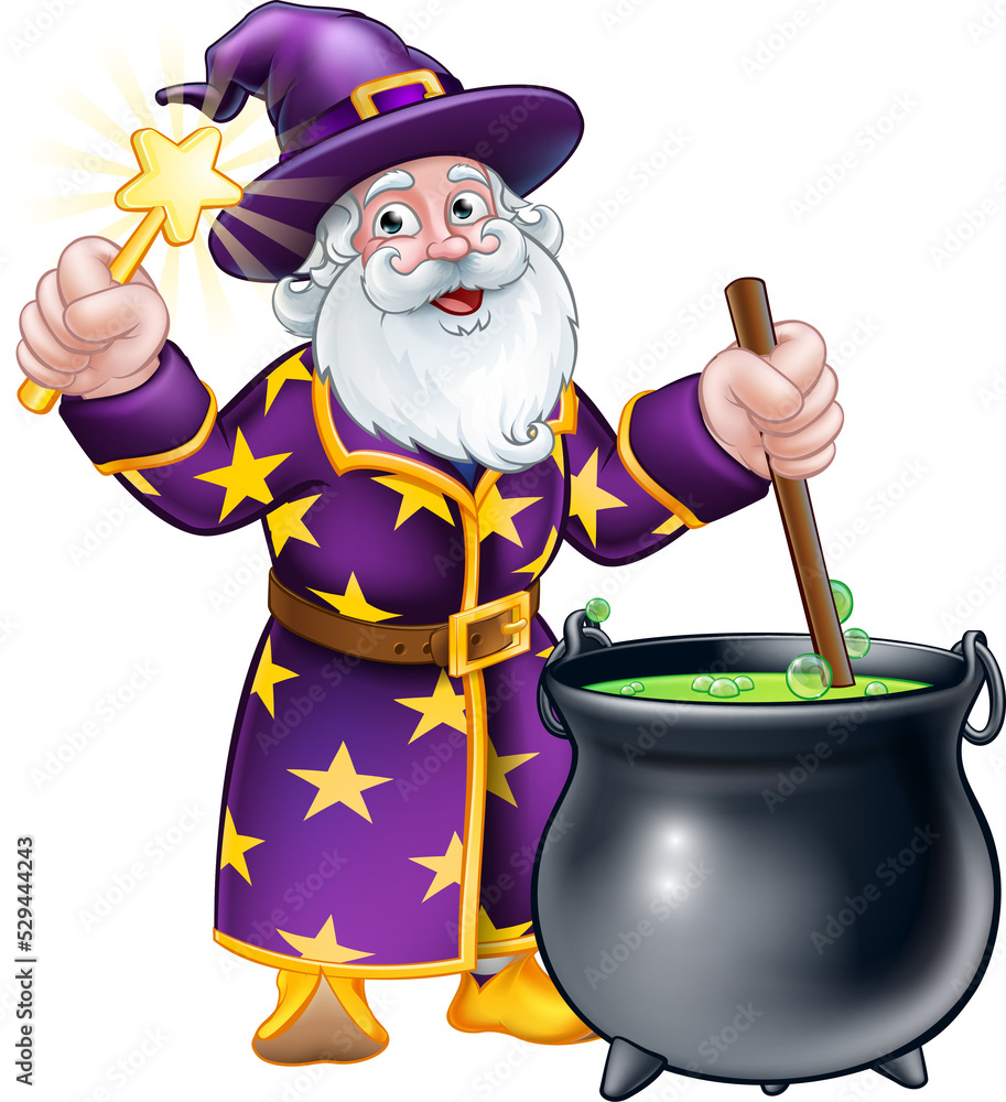 Wizard with Wand and Cauldron Cartoon Stock Illustration | Adobe Stock