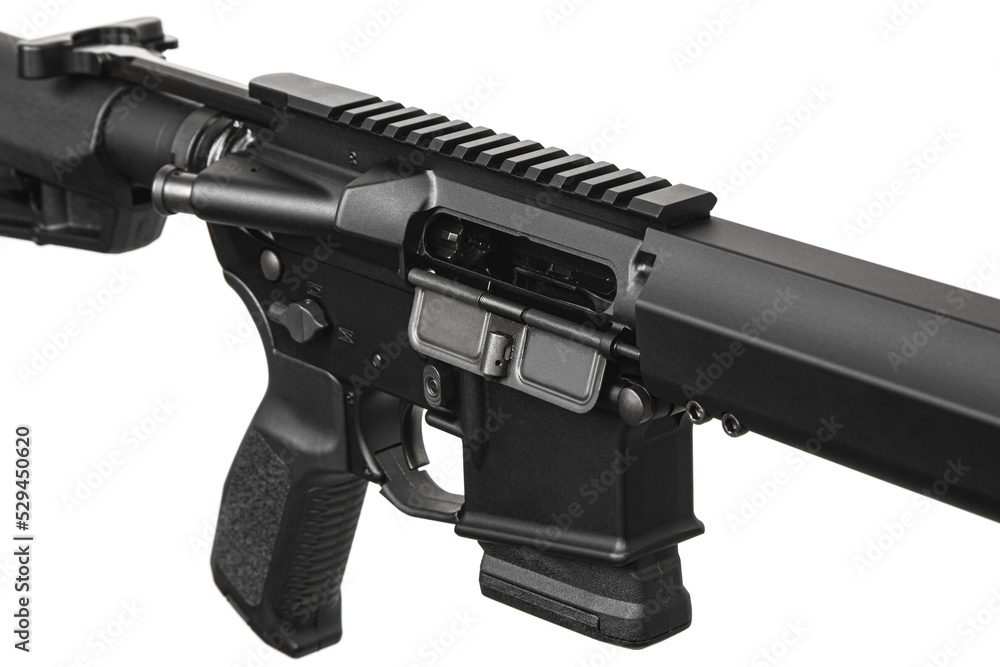 Part of the weapon close-up. Modern automatic rifle isolated on white ...