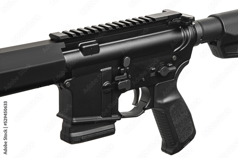 Part of the weapon close-up. Modern automatic rifle isolated on white ...
