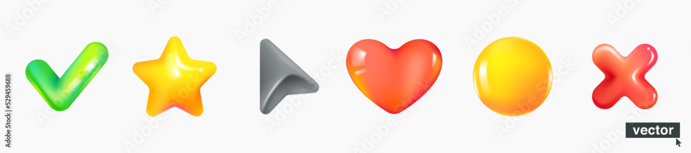 Green tick, yellow stars, cursor, volume heart, realistic sphere, red ...