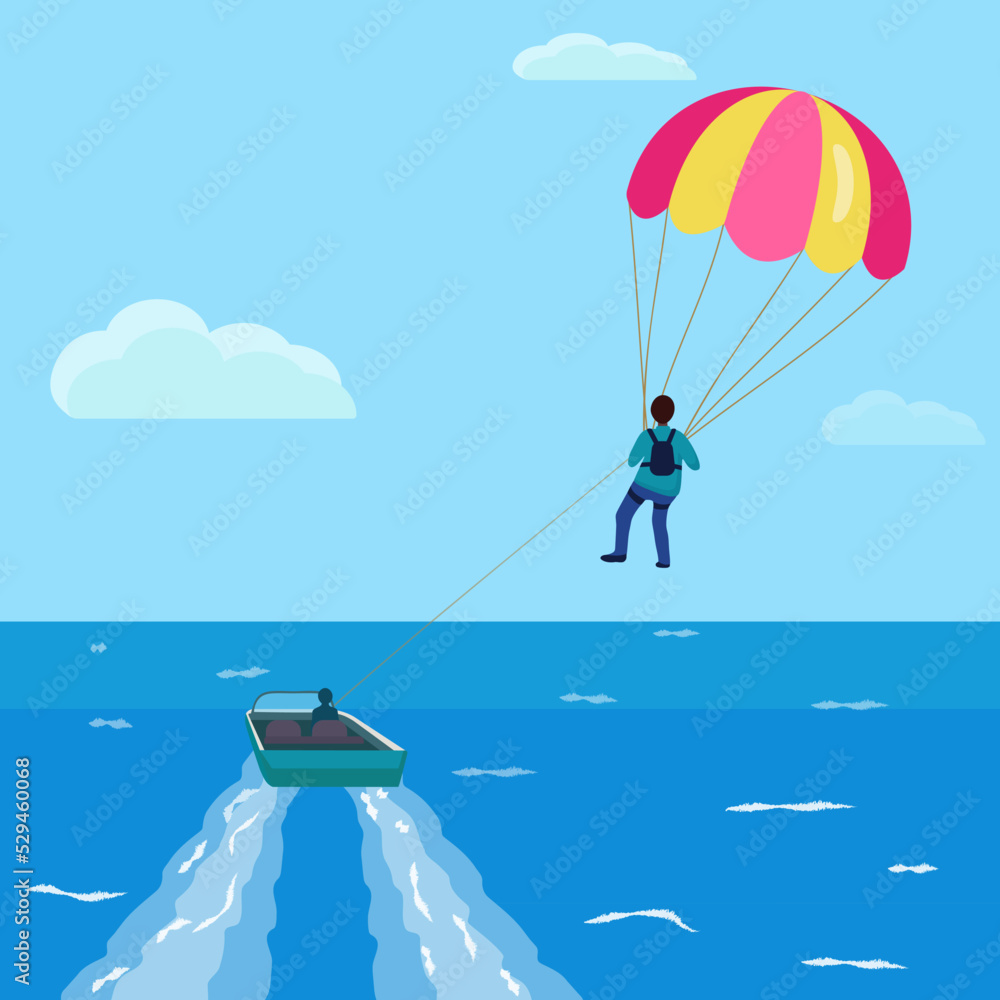 Parasailing concept banner cartoon vector. Parachute boat. Sea beach ...