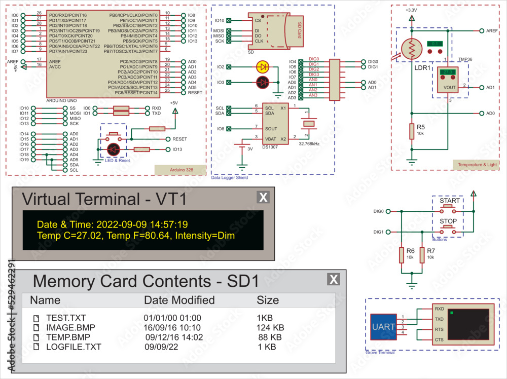 Vector diagram of connecting a temperature sensor, sd card, terminal ...