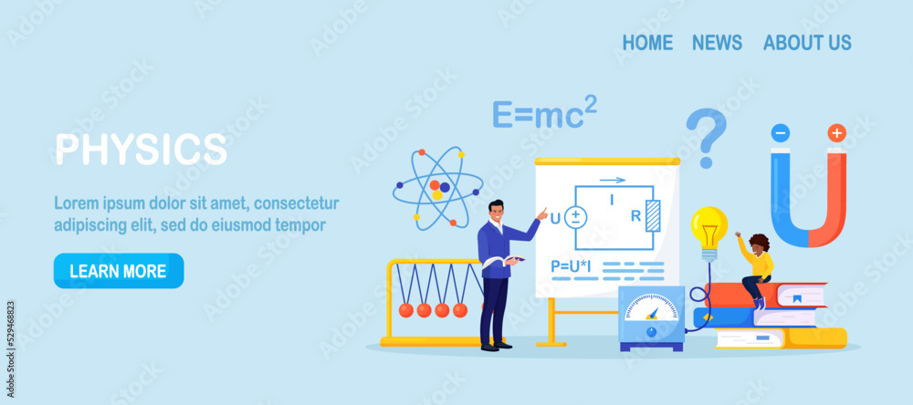 Physics school subject. Pupil studying electricity, magnetism, light ...