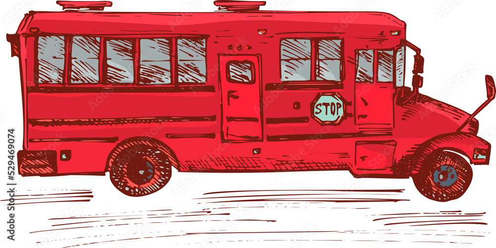 Hand drawn red retro bus isolated on white background. Vintage truck in ...