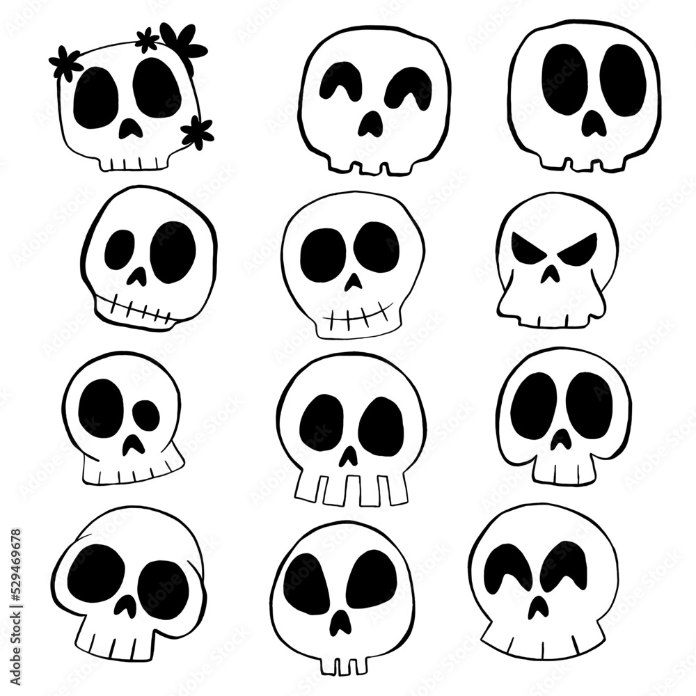 Vector illustration set of Skull cartoon line on white background ...