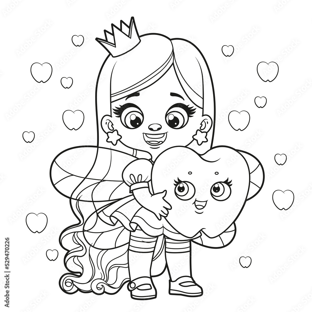 Cute cartoon long haired girl tooth fairy with big tooth outlined for ...