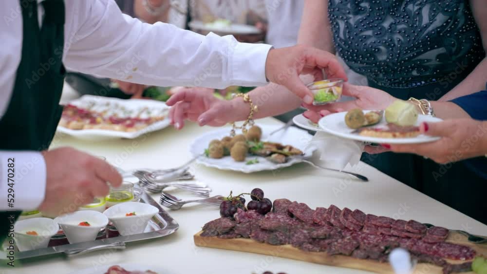 Official exit meeting of business people, elegant banquet table ...
