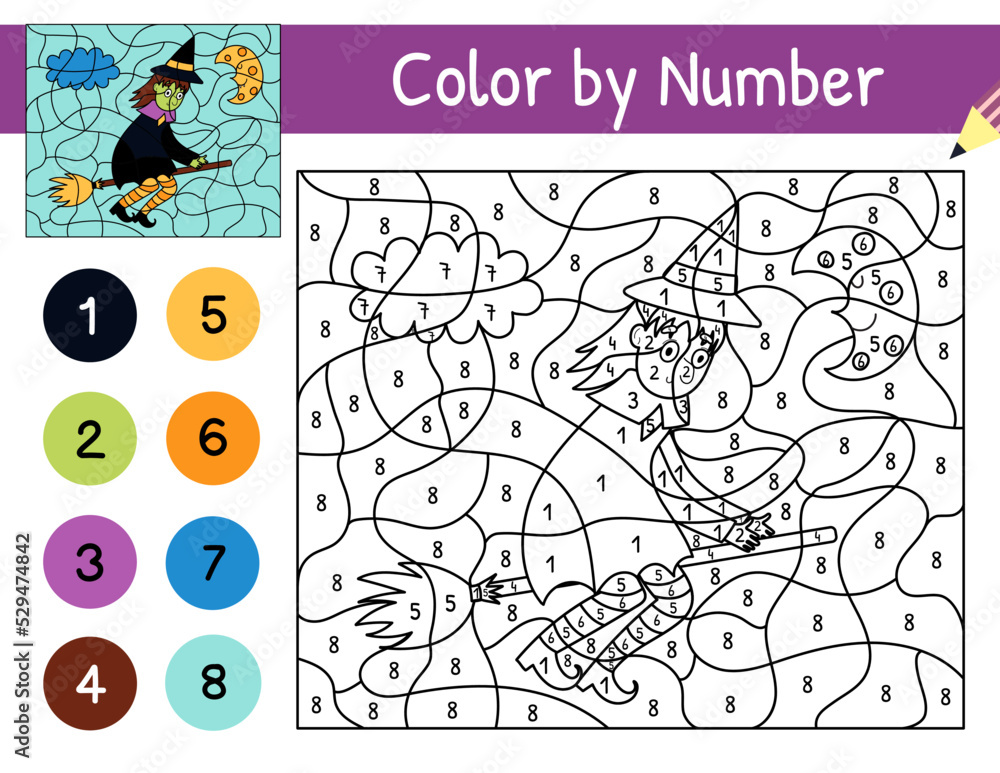 Cute witch flying on the broom color by number game for kids. Coloring ...