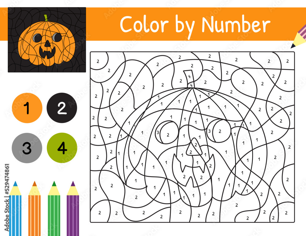 Halloween pumpkin color by number game for kids. Coloring page with ...