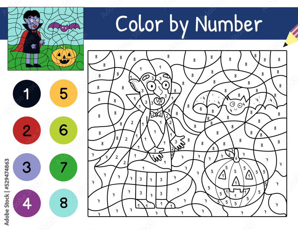 Vecteur Stock Cute vampire, pumpkin and bat color by number game for ...