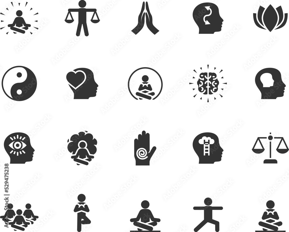 Vector set of meditation flat icons. Contains icons mindfulness ...