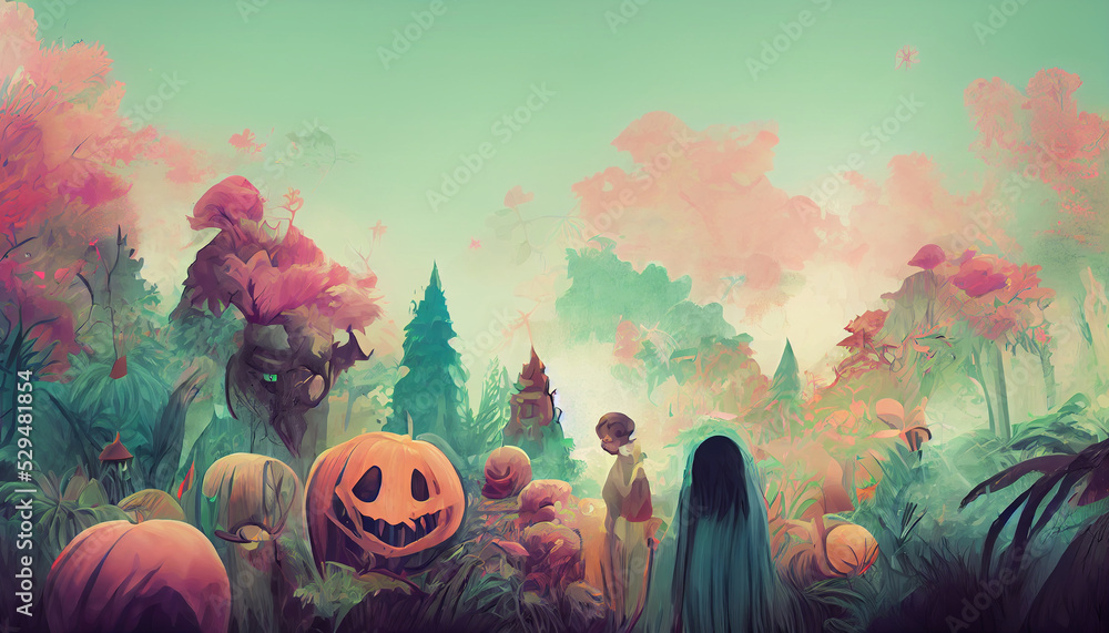 background, Halloween, spooky, pastel color, forest, tree, illustration ...