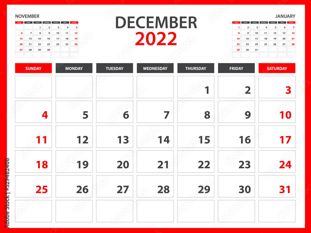 Monthly calendar template for 2022 year - December 2022 year, Week ...