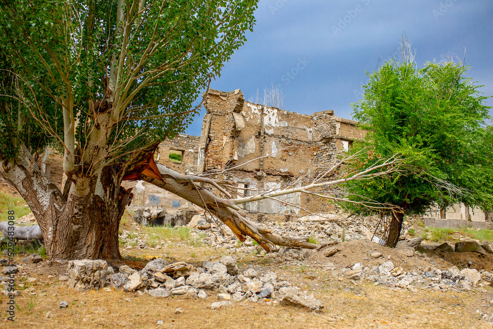 Destroyed and abandoned buildings of the city after the war, bombing ...