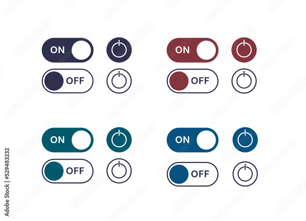 Multicolor on and off toggle switch. Slider buttoms to turn on and off. Solid colour toggle ...