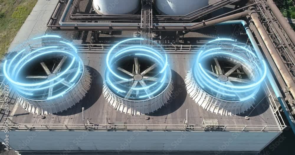 Industrial cooling towers. Cooling tower from a drone. Wet cooling ...