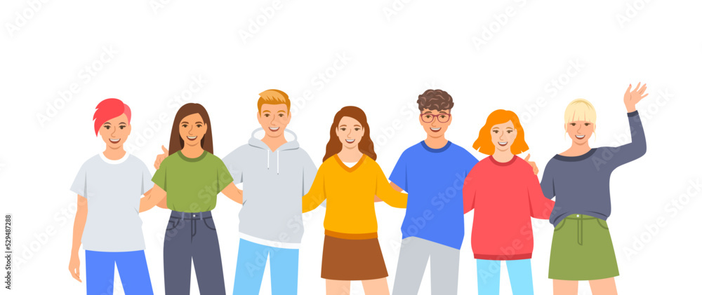 Young people stand together. Friendly diverse college students hug each ... Young people stand together. Friendly diverse college students hug each ...
