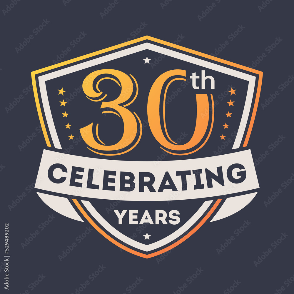 Anniversary design element with shield, 30th years label isolated ...