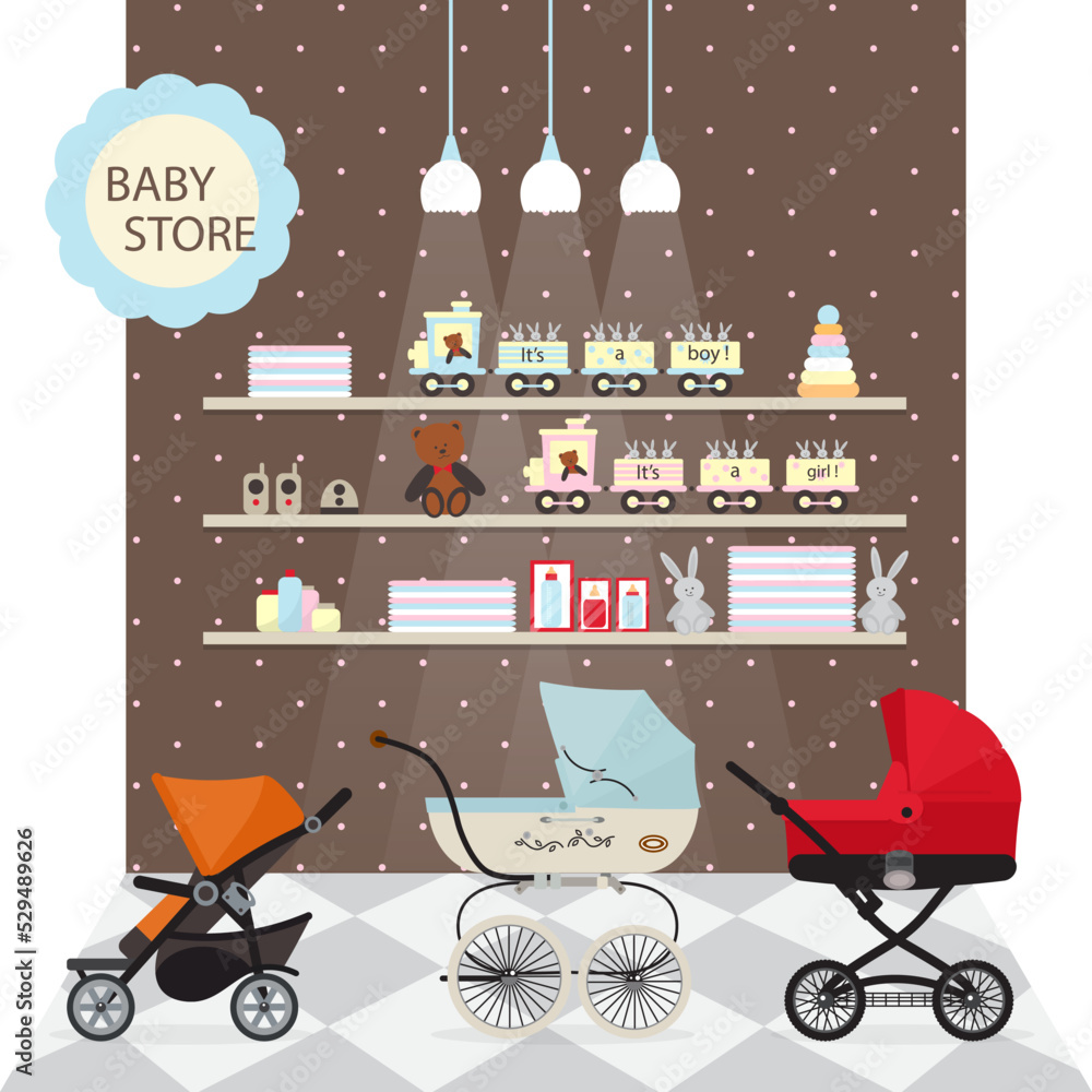 Baby store banner vector illustration. Kids market retail poster in ...