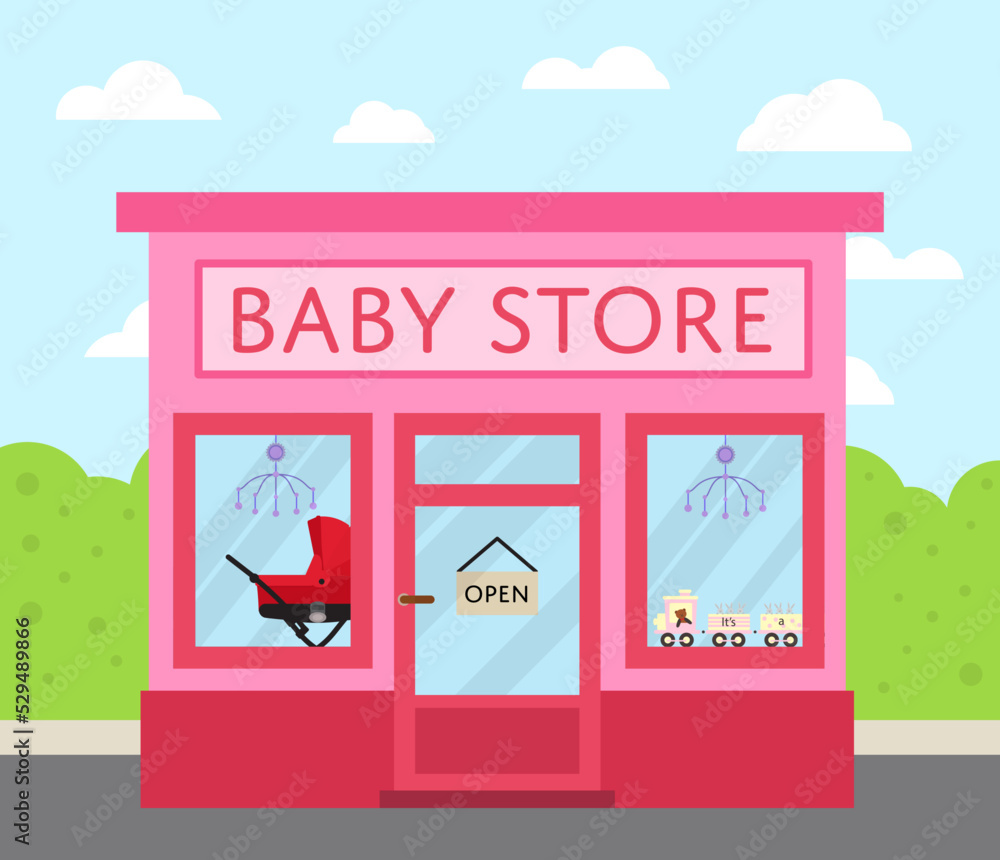 Red facade baby store building with sign board and toys in shop window ...