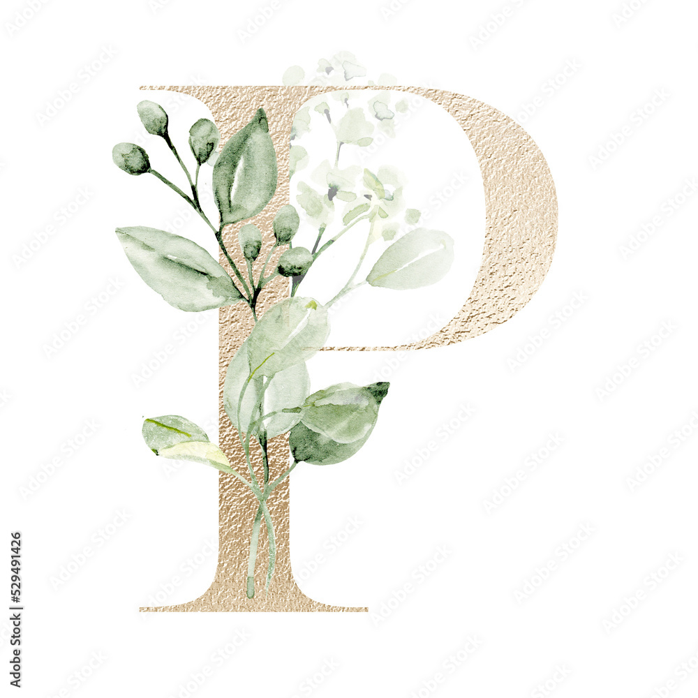 Floral alphabet, letter P with watercolor flowers and leaf. Monogram ...