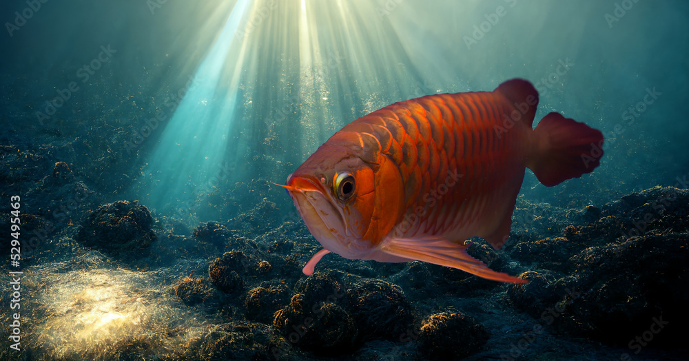 Asian red arowana fish in river. Arowana swim in freshwater aquarium ...