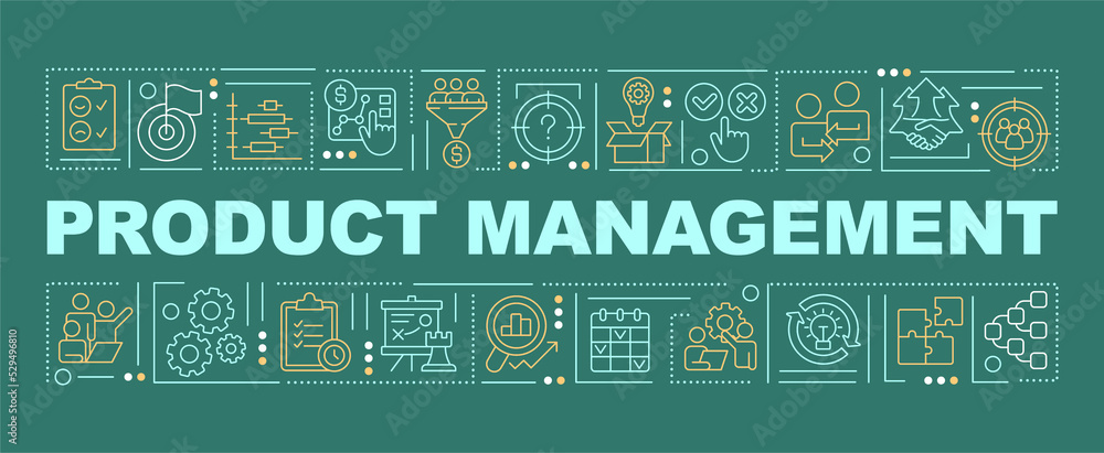 Product management word concepts dark green banner. Business ...