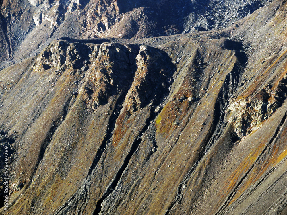 Erosion of rocks, stones and sand in the mountain massif of the Swiss ...