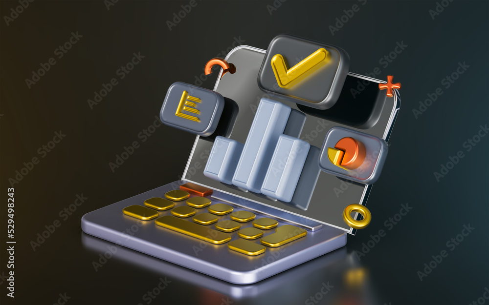 laptop with line chart check mark pie sign on dark background 3d render ...