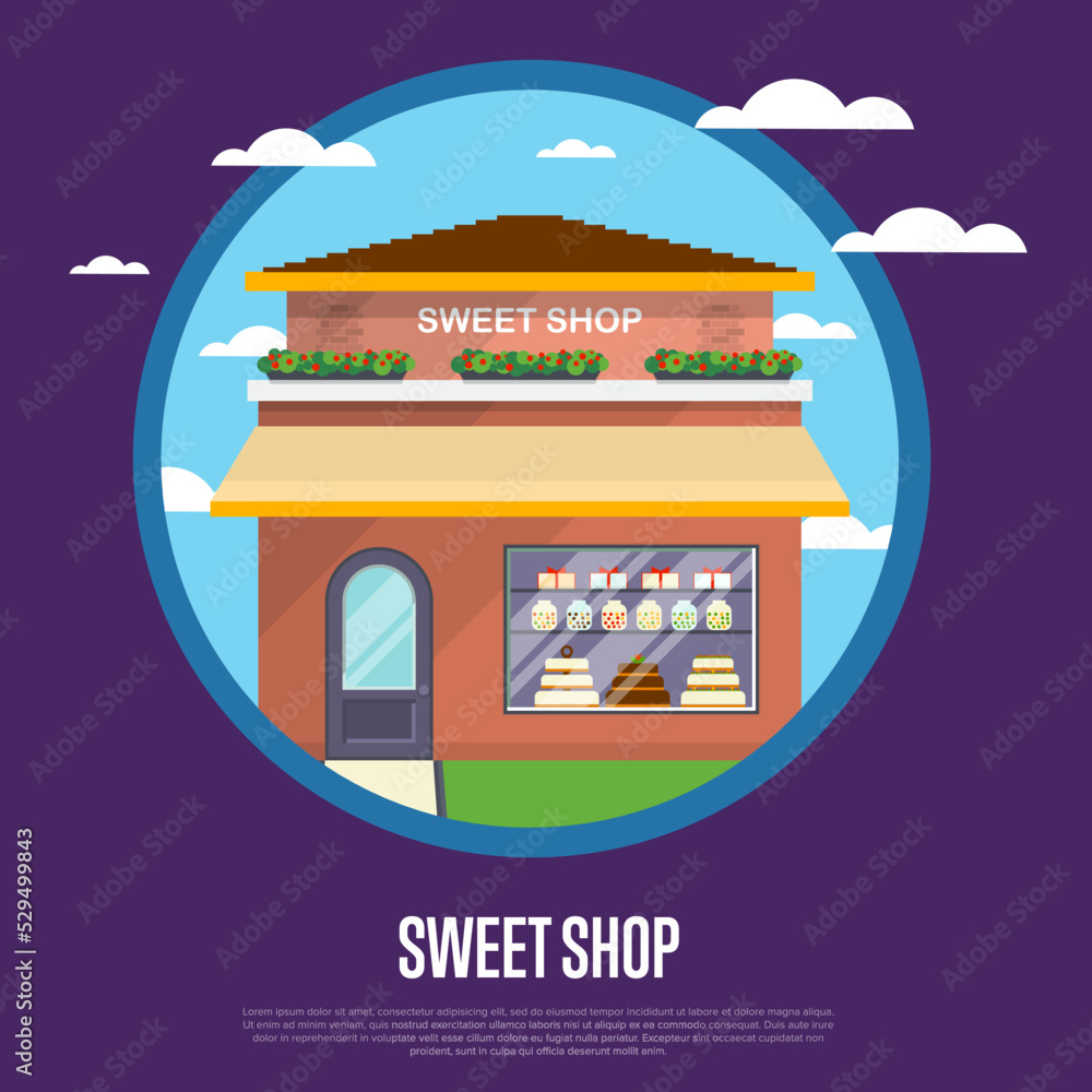 Sweet shop banner in flat design vector illustration. Candy bar ...