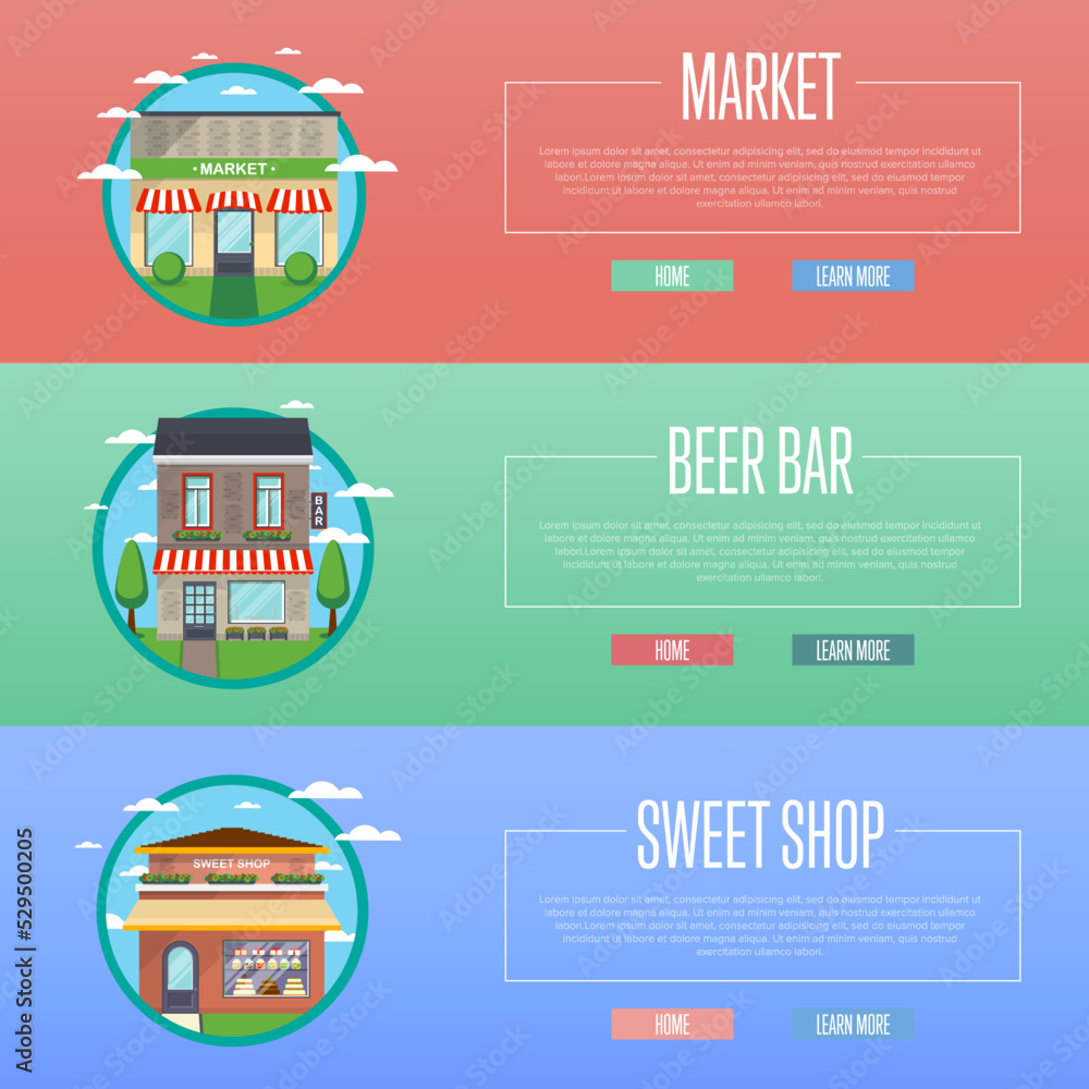 Sweet shop, market and beer bar banner set vector illustration. Candy ...