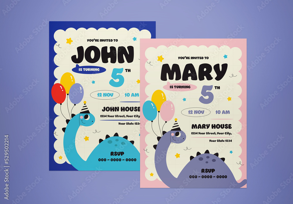 Pink Blue Flat Design Kids Birthday Invitation Layout Stock Template ...
