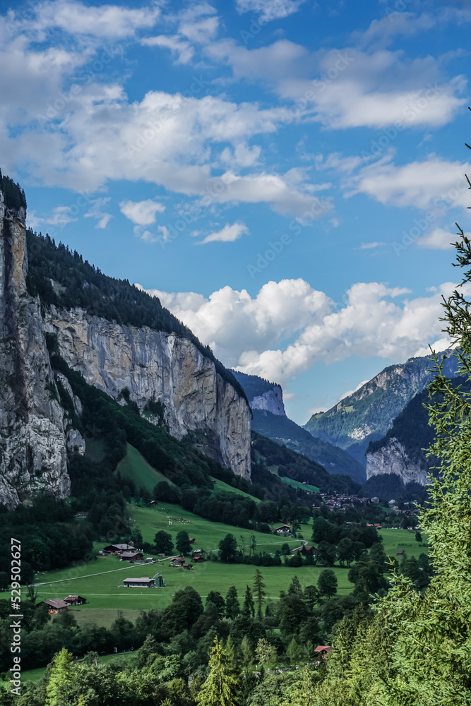 Alpine landscape, a famous valley in Switzerland. Lauterbrunnen valley ...