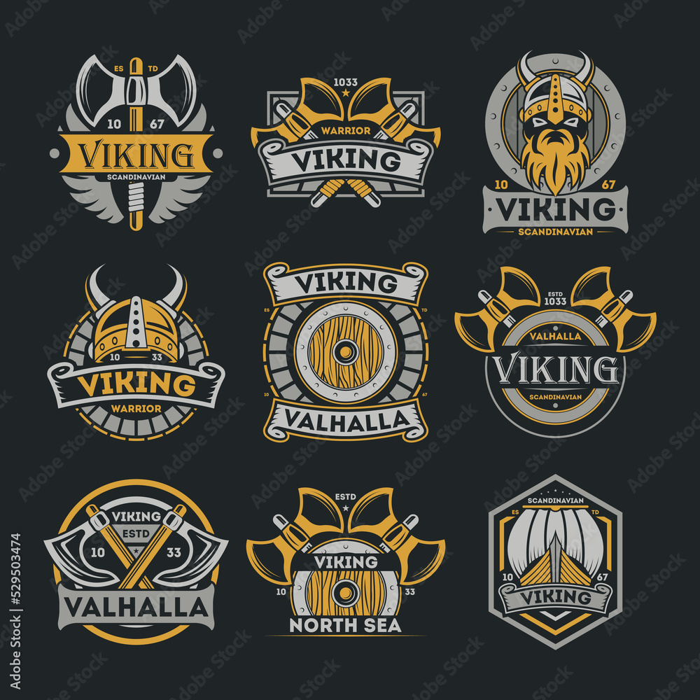 Viking vintage label set isolated vector illustration. Scandinavian ...