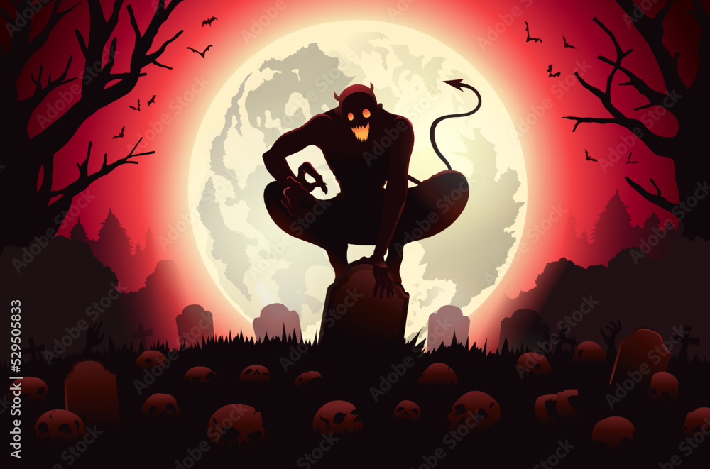 Devil sitting on Gravestone in the graveyard with many skulls. the red ...