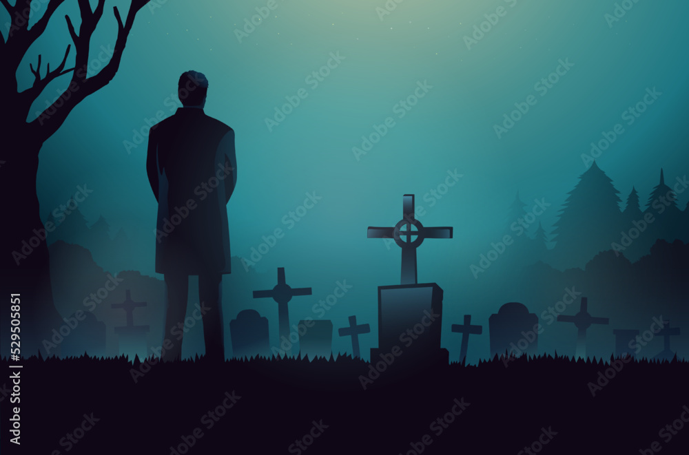 Silhouette back of a man standing and mourning in front of a gravestone ...