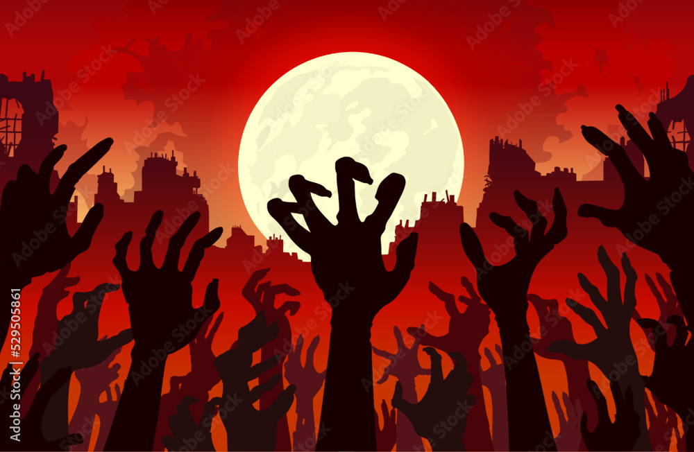 Hand and arms of zombies rise up a lot at the same time with an ...