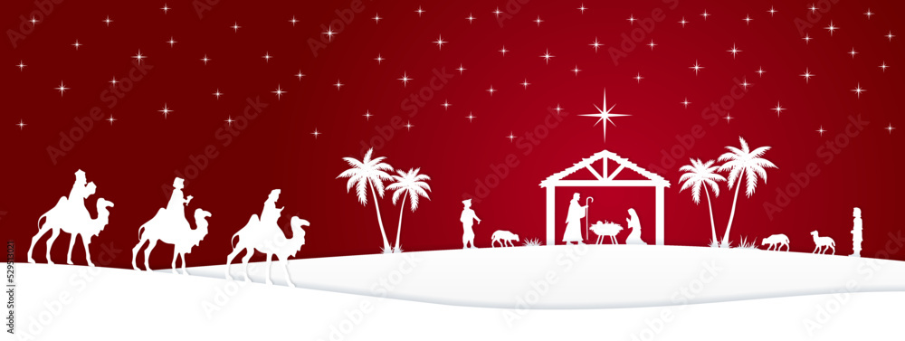 Red and white Christmas Nativity scene banner background. Vector ...