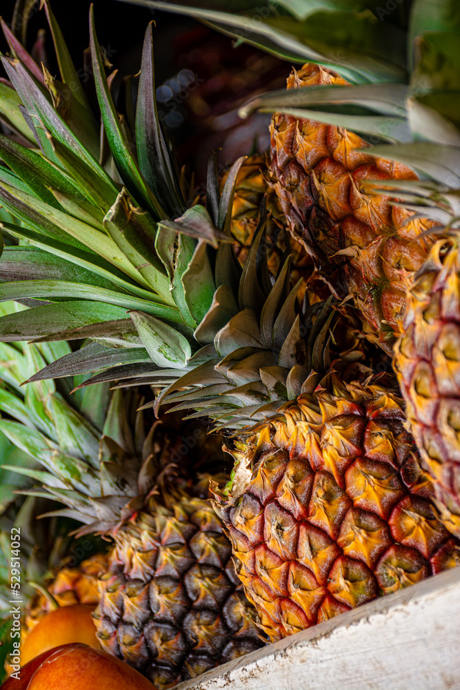 pineapples in the market. tropical fruit group. pineapples for sale ...